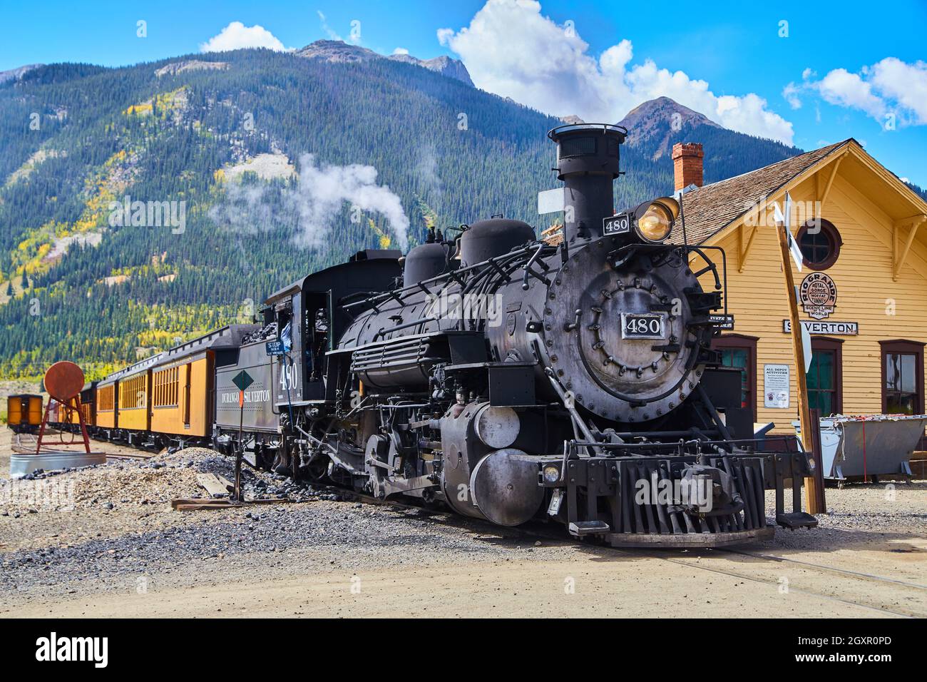 Durango Silverton locomotive train in Colorado small town against large ...