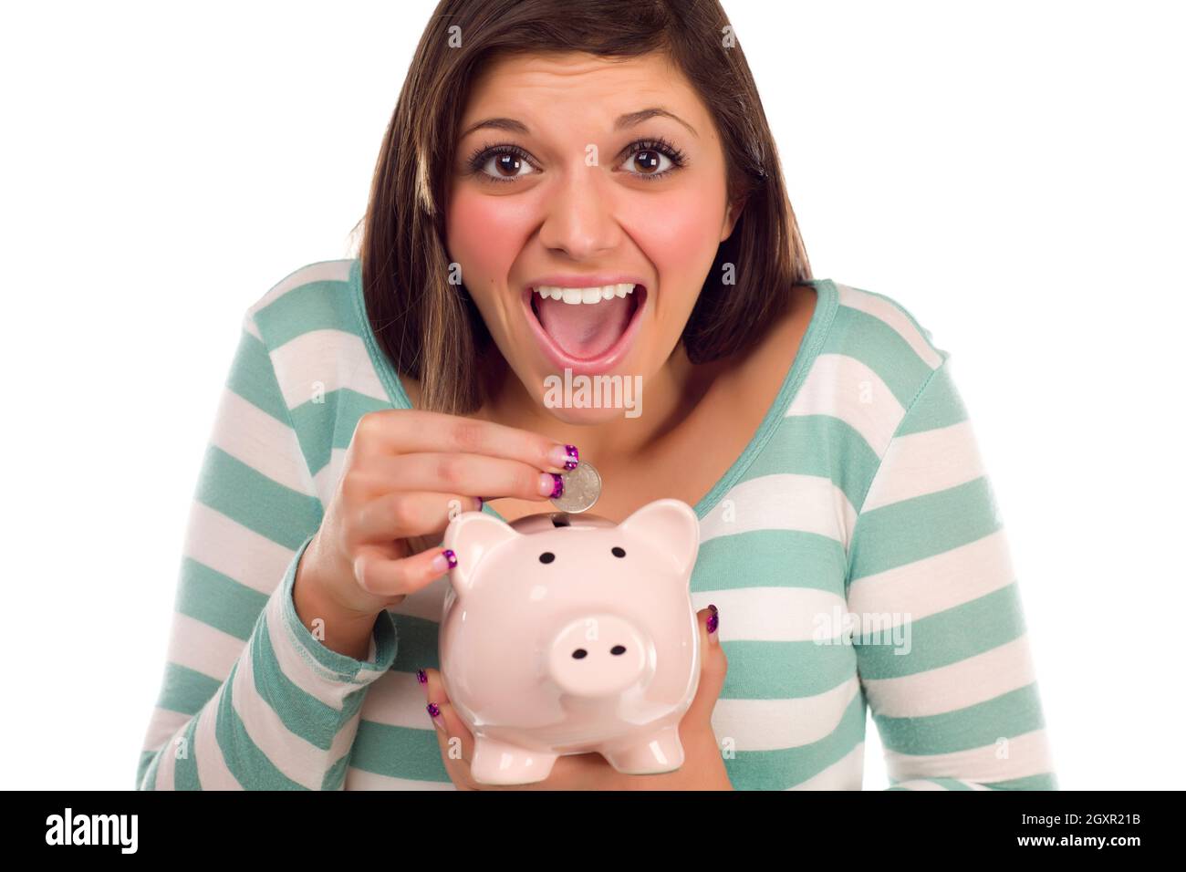 Pretty Smiling Ethnic Female Putting a Coin Into Her Pink Piggy Bank ...