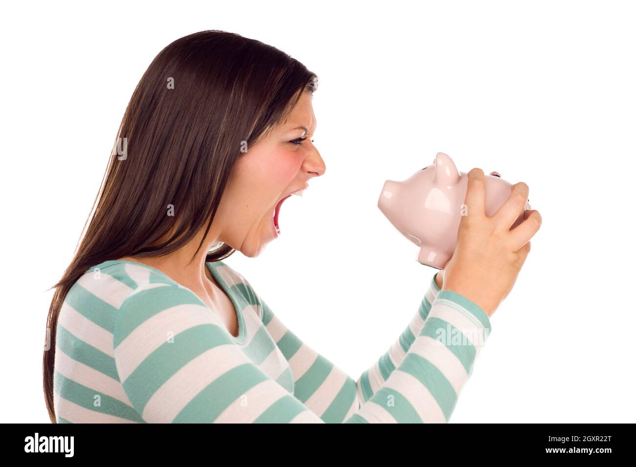Angry Ethnic Female Yelling At Her Piggy Bank Isolated on a White ...