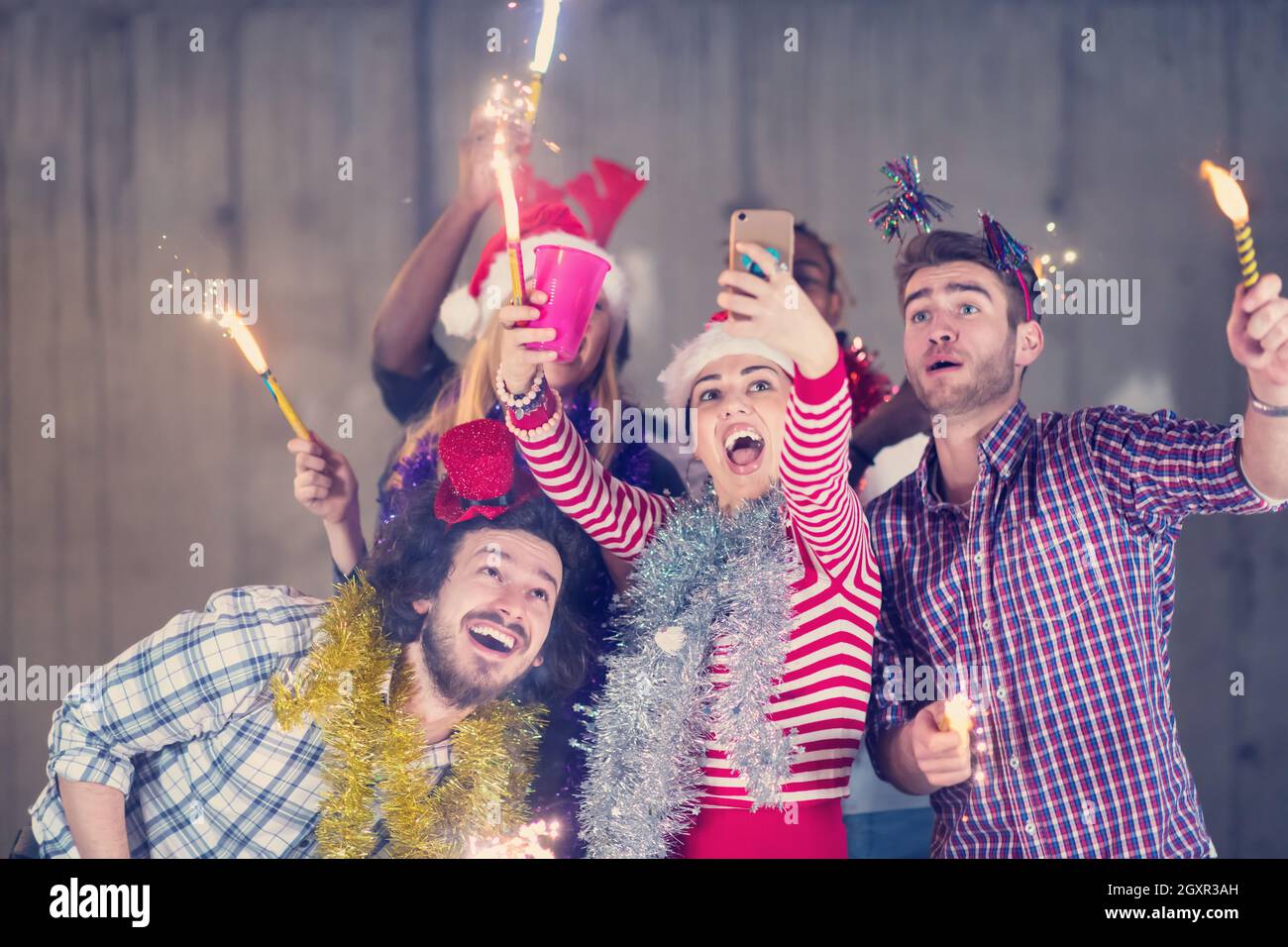 multiethnic group of young happy casual business people taking selfie ...