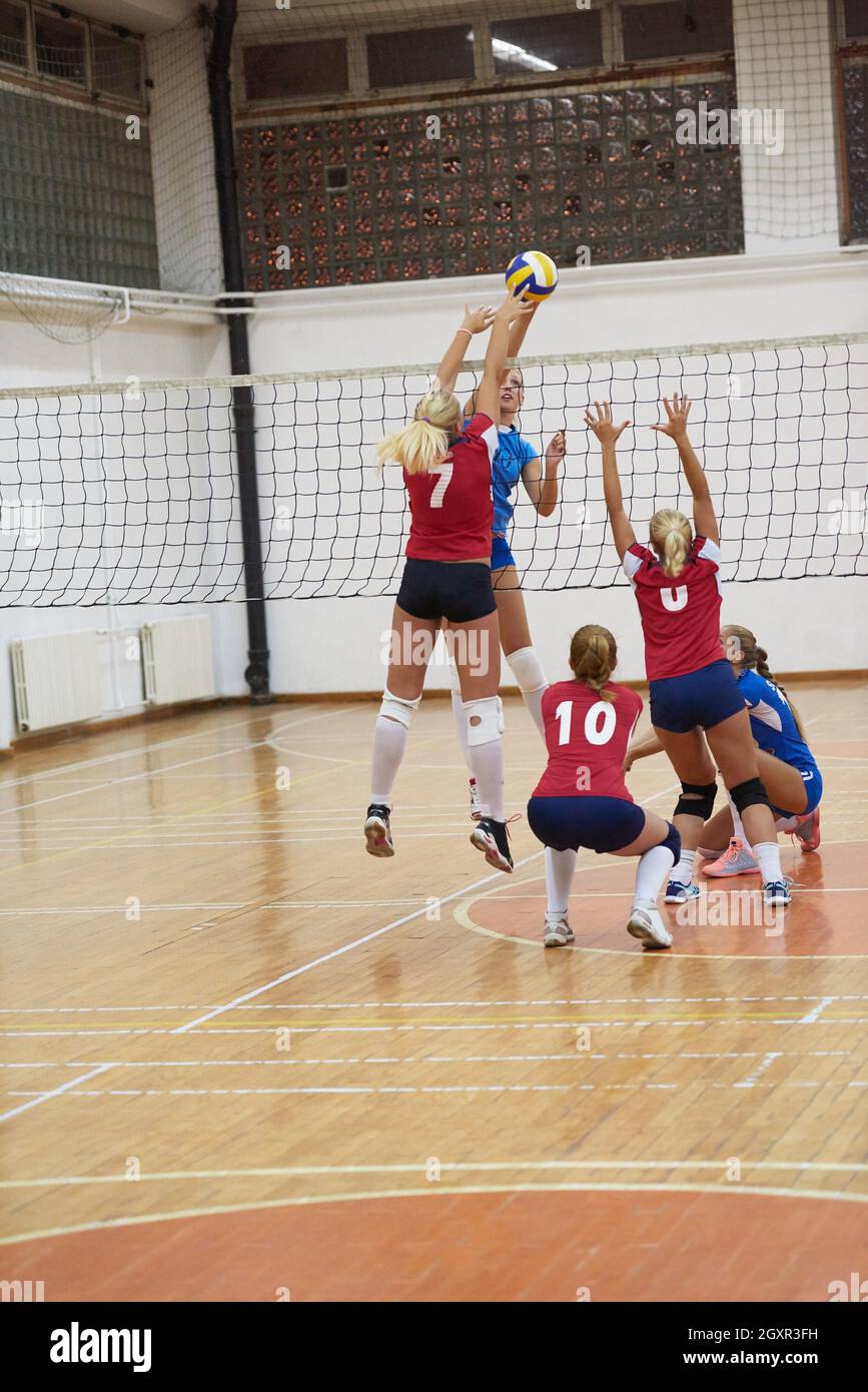 volleyball game sport with group of young beautiful girls indoor in ...