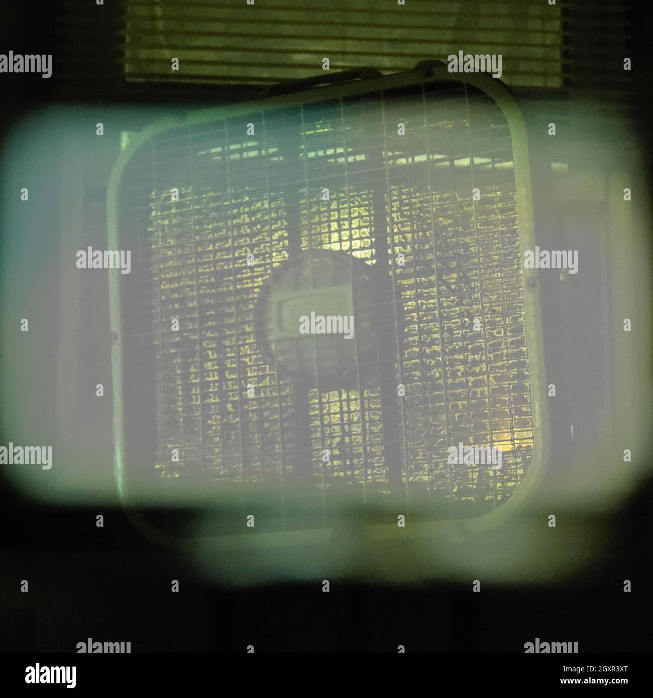 Retro stylized dirty window box fan with film grain and double exposure ...