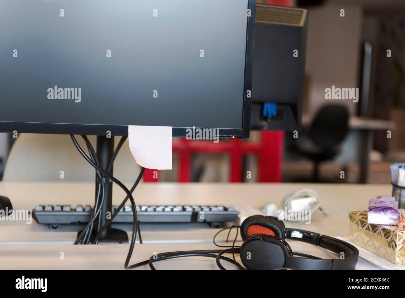 closeup mockup of startup office monitor screen with empty sticker ...