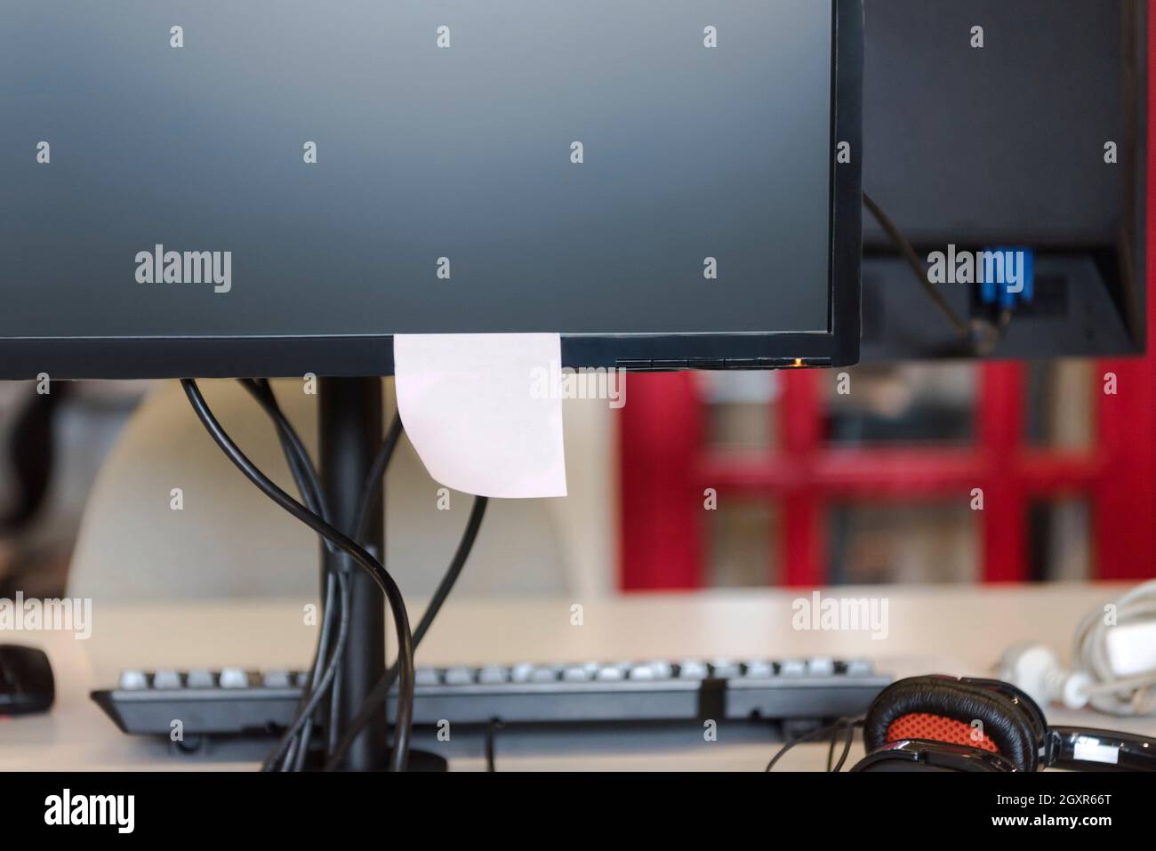 closeup mockup of startup office monitor screen with empty sticker ...