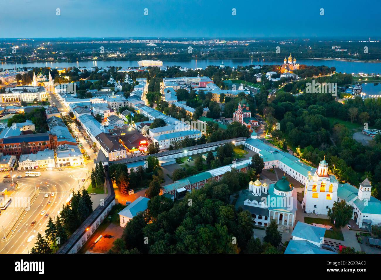Aerial view of Yaroslavl on Volga River overlooking Assumption Cathedral in summer twilight ...