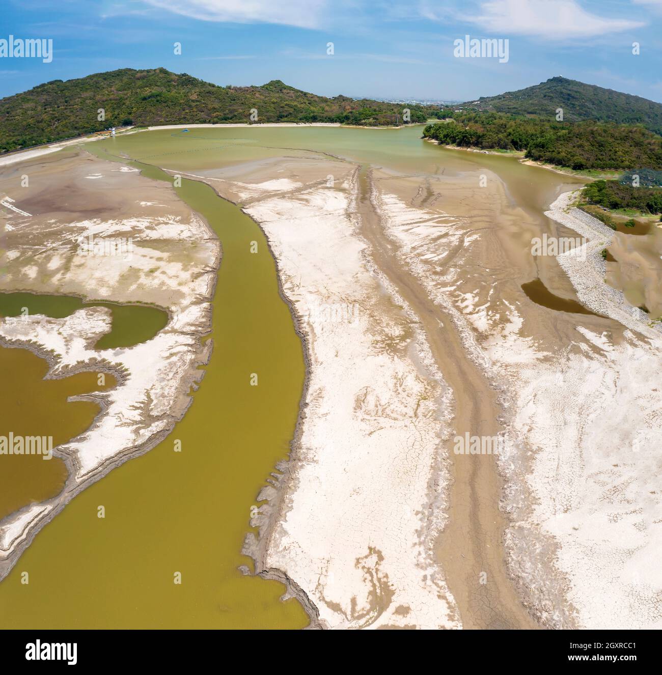 Aerial view of drought reservoir. Dry and cracked ground. Taiwan Stock ...