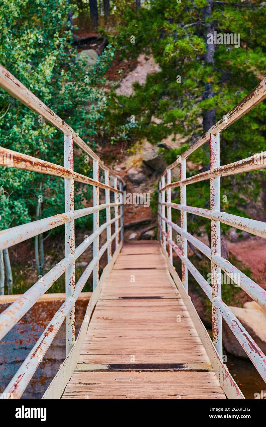 Vertical walking bridge detail with rusted railing and wood plans into ...