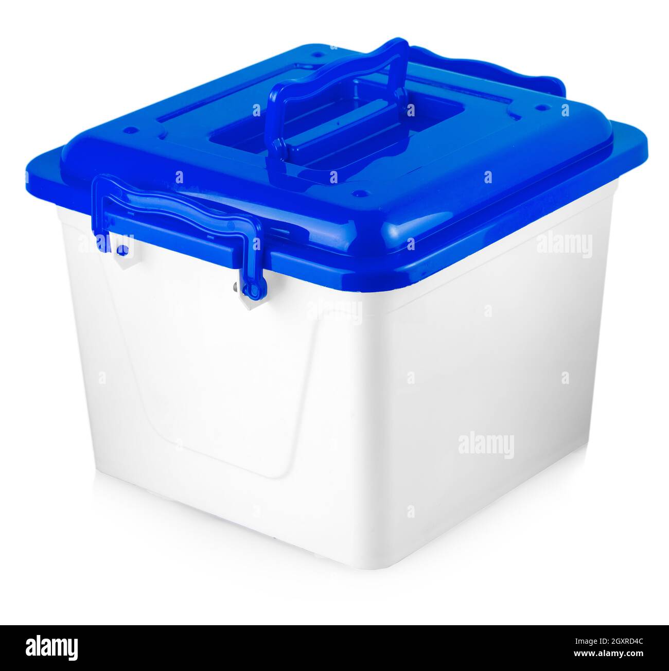 The White plastic box with blue cover on white background Stock Photo ...