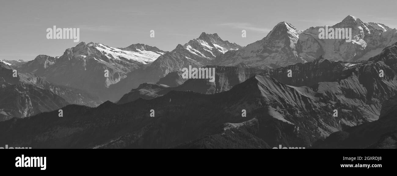 Mount Eiger and other high mountains in the Bernese Oberland. View of ...