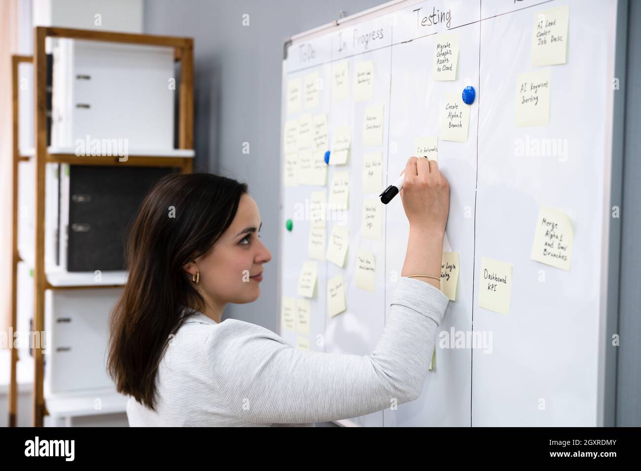 Writing Kanban Business Board On Wall In Office Stock Photo - Alamy