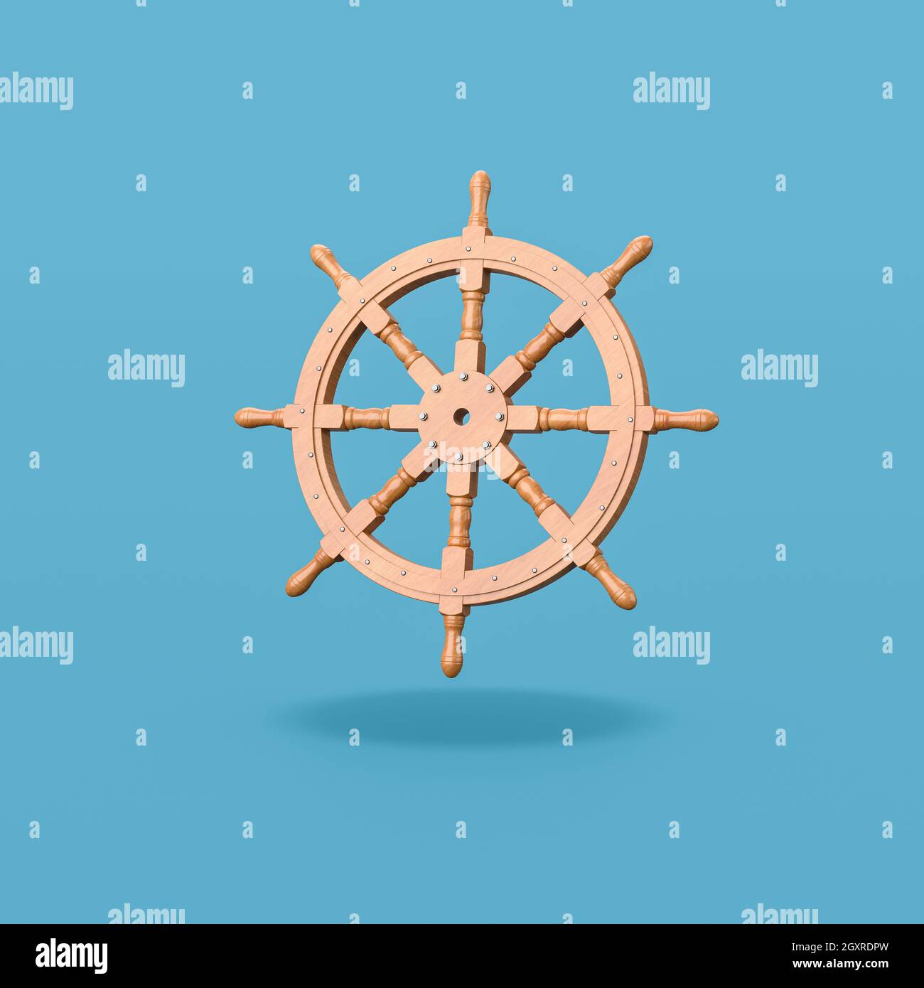 Wooden Rudder Wheel Isolated on Flat Blue Background with Shadow 3D ...