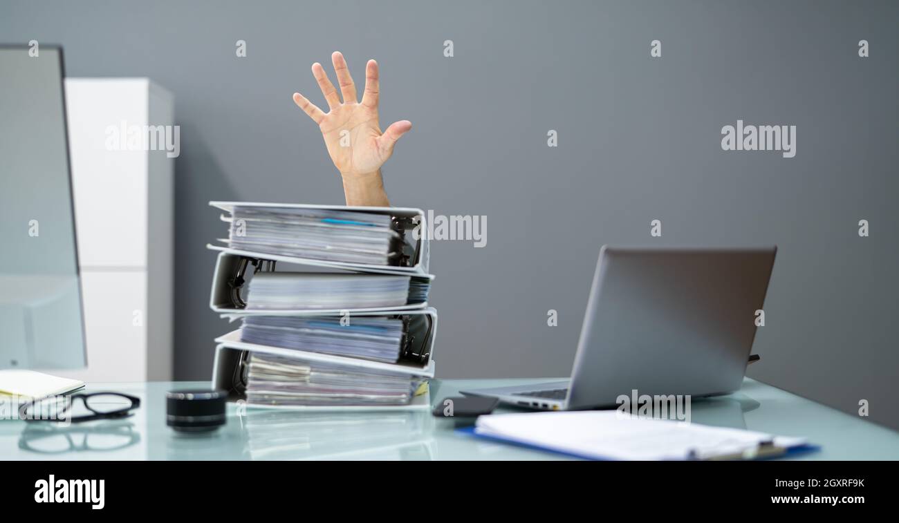 Corporate Desk Document Overload. Stacked Pile Of Paperwork Stock Photo ...