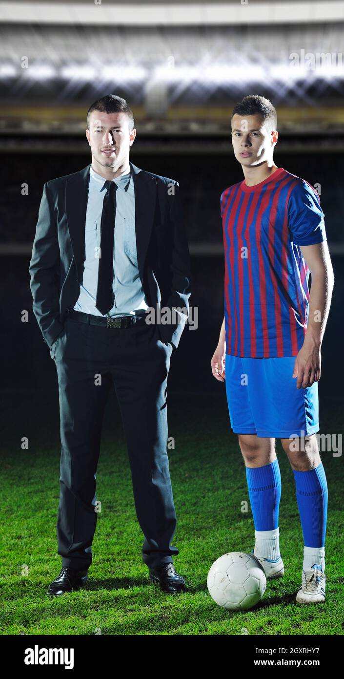 soccer sport manager in business suit coach and football player on ...