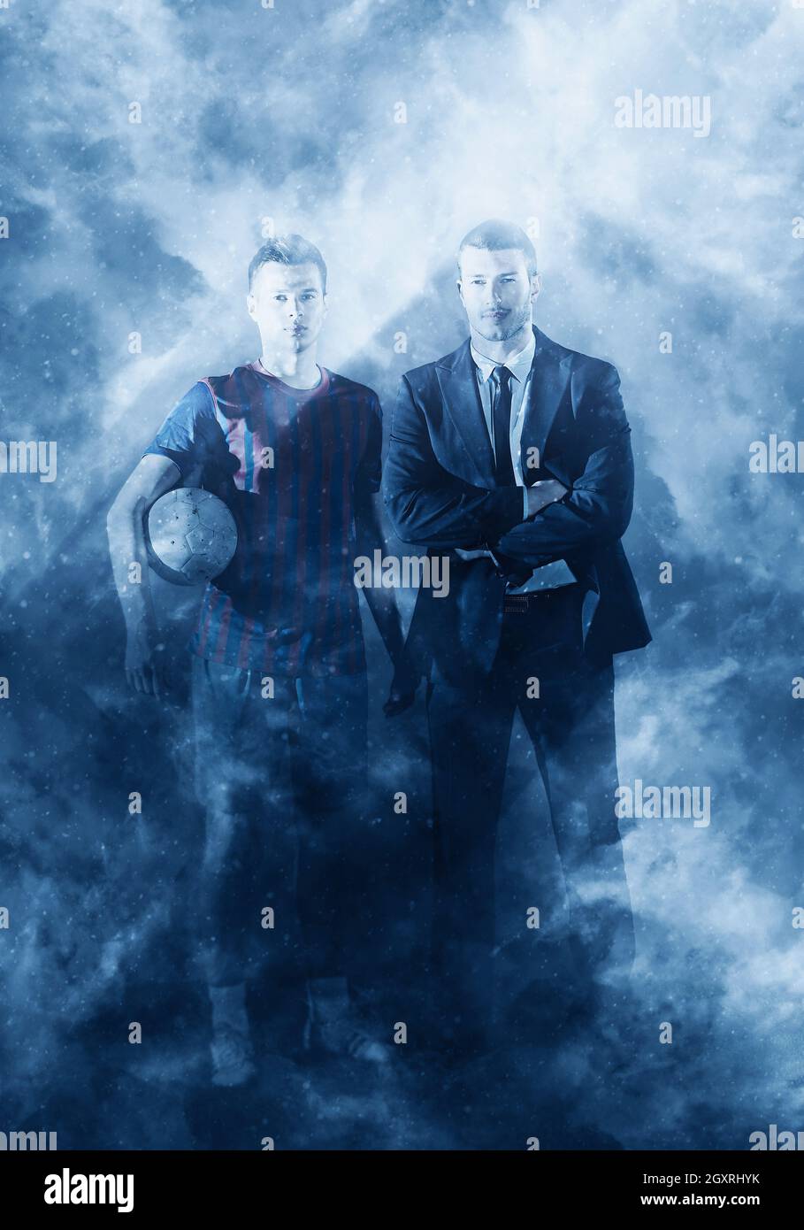 soccer sport manager in business suit coach and football player on ...