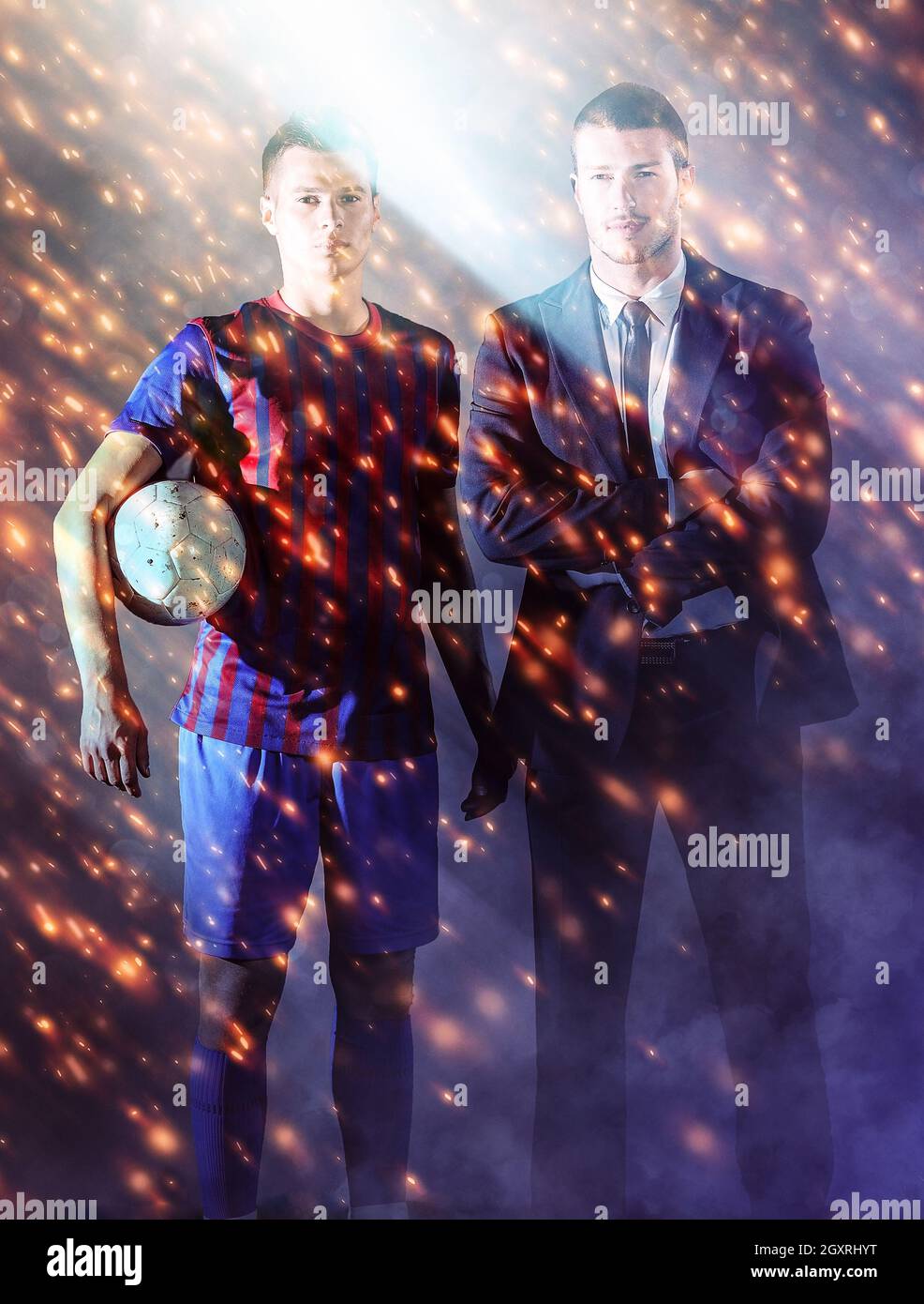 soccer sport manager in business suit coach and football player on ...