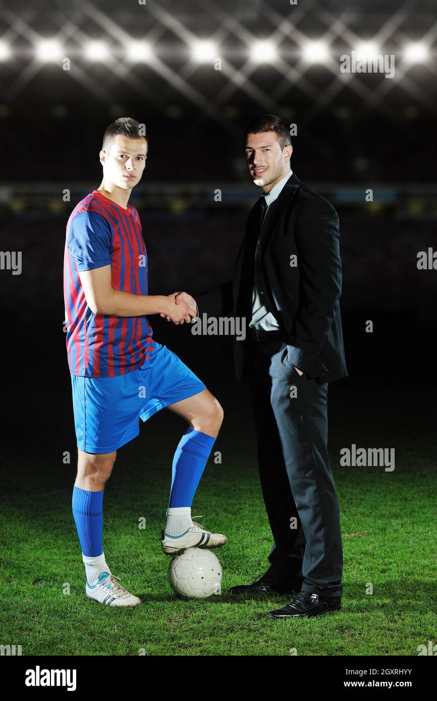 soccer sport manager in business suit coach and football player on ...