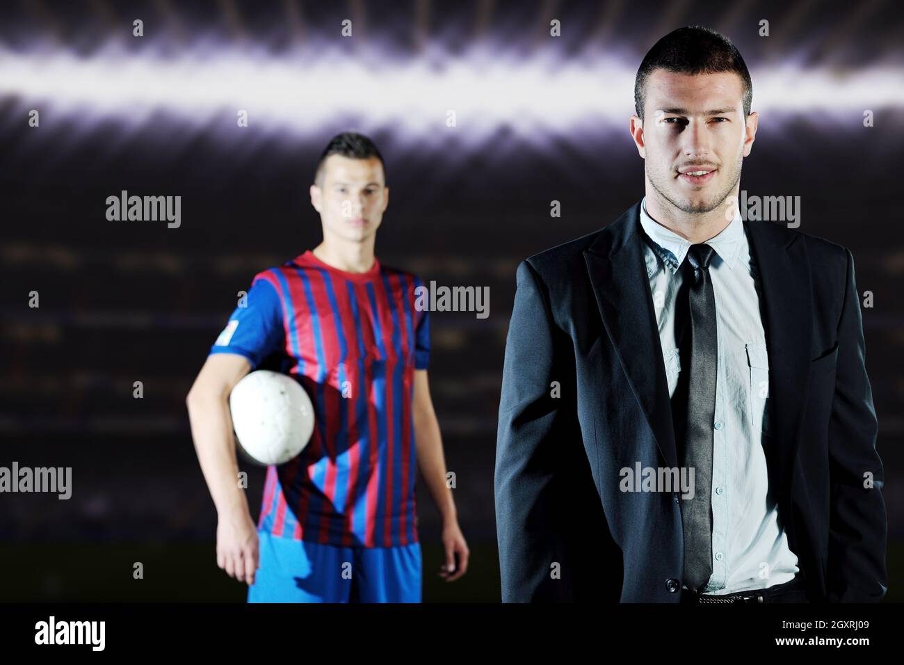 soccer sport manager in business suit coach and football player on ...