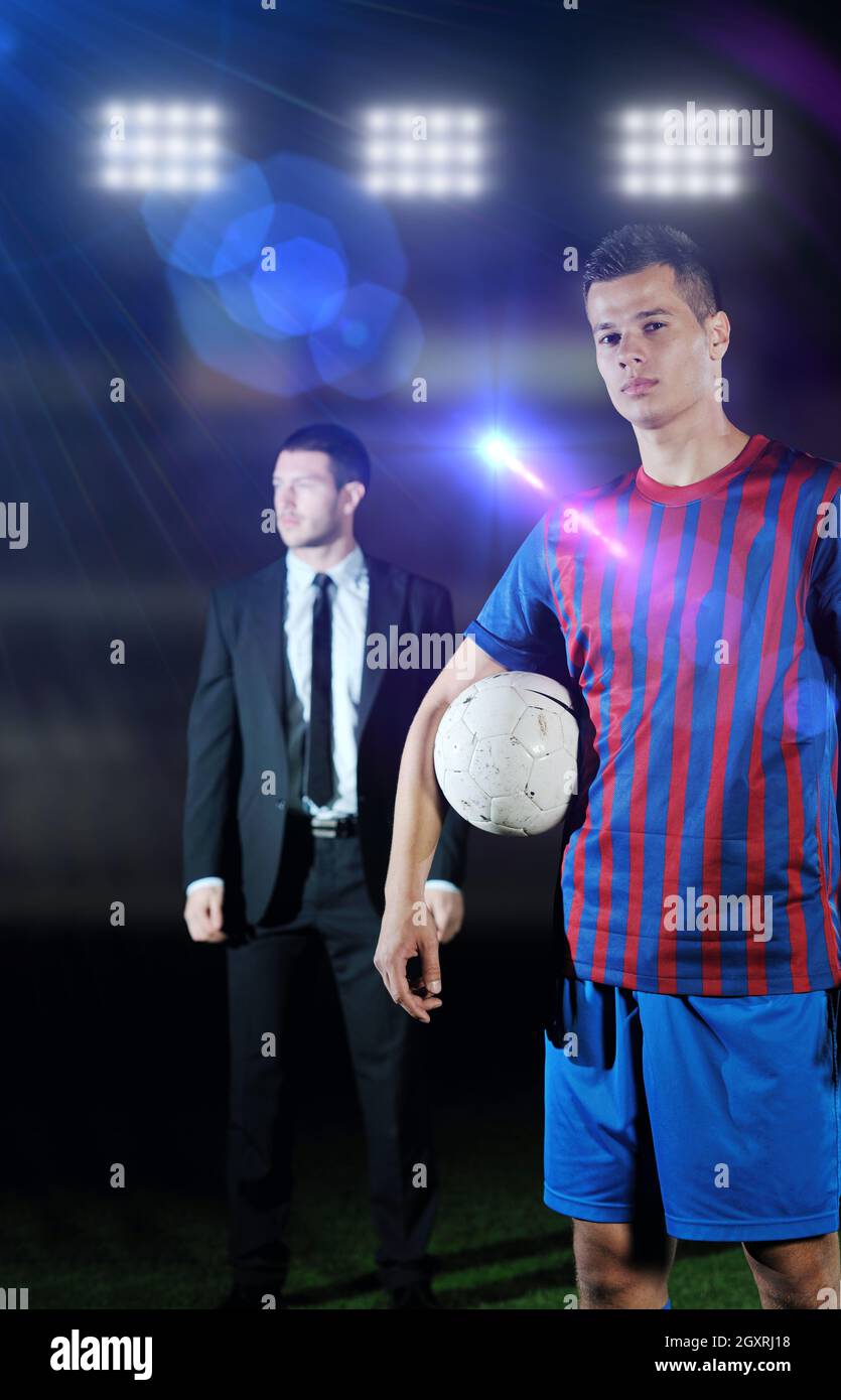 soccer sport manager in business suit coach and football player on ...