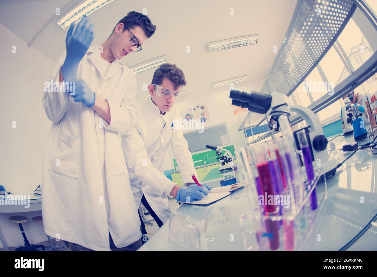 Group of young medical students doing research together in chemistry ...