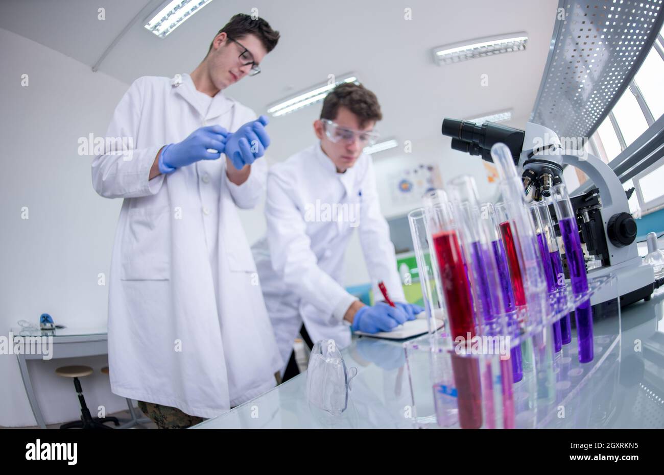 Group of young medical students doing research together in chemistry ...