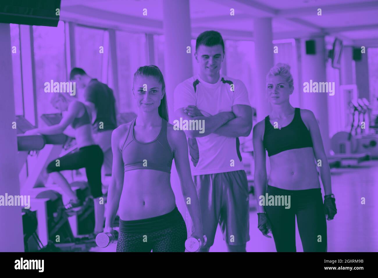 group portrait of healthy and fit young people in fitness gym duo tone ...