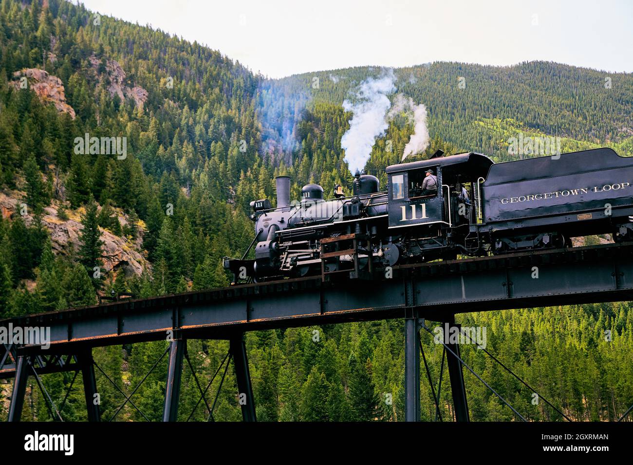 Locomotive train on bridge against green pine tree covered mountains ...