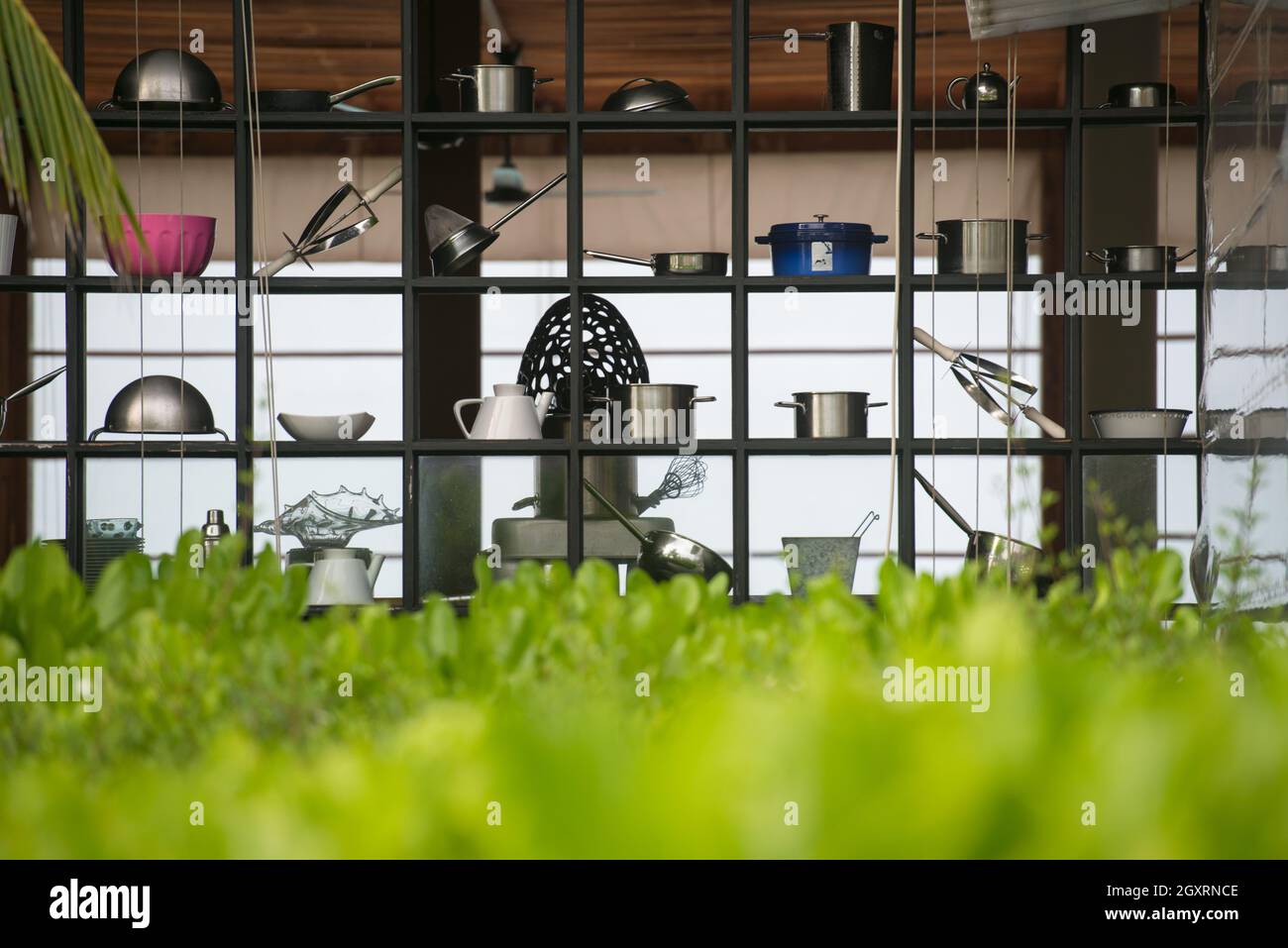 modern restaurant outdoor kitchen cookware decoration background Stock ...