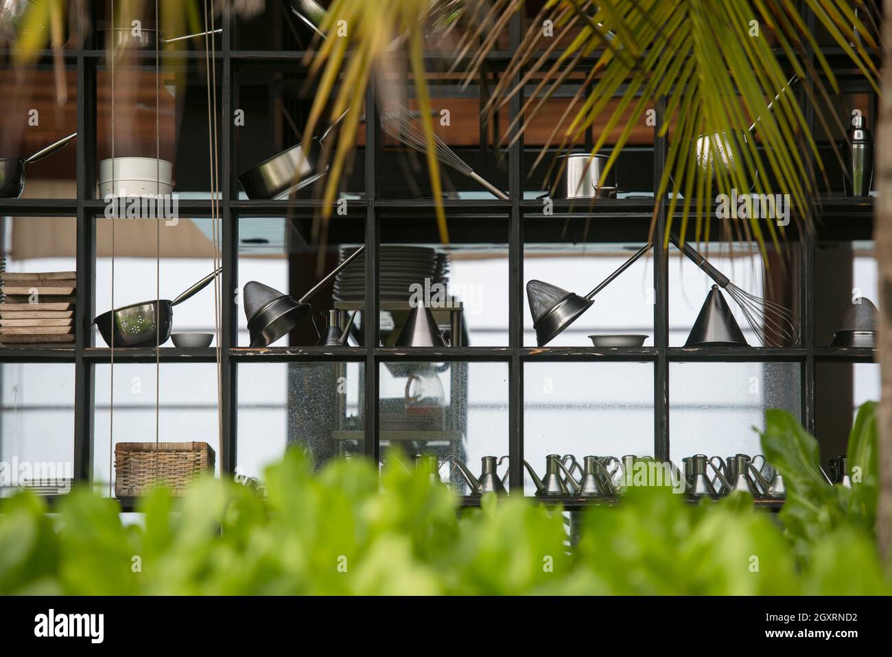 modern restaurant outdoor kitchen cookware decoration background Stock ...