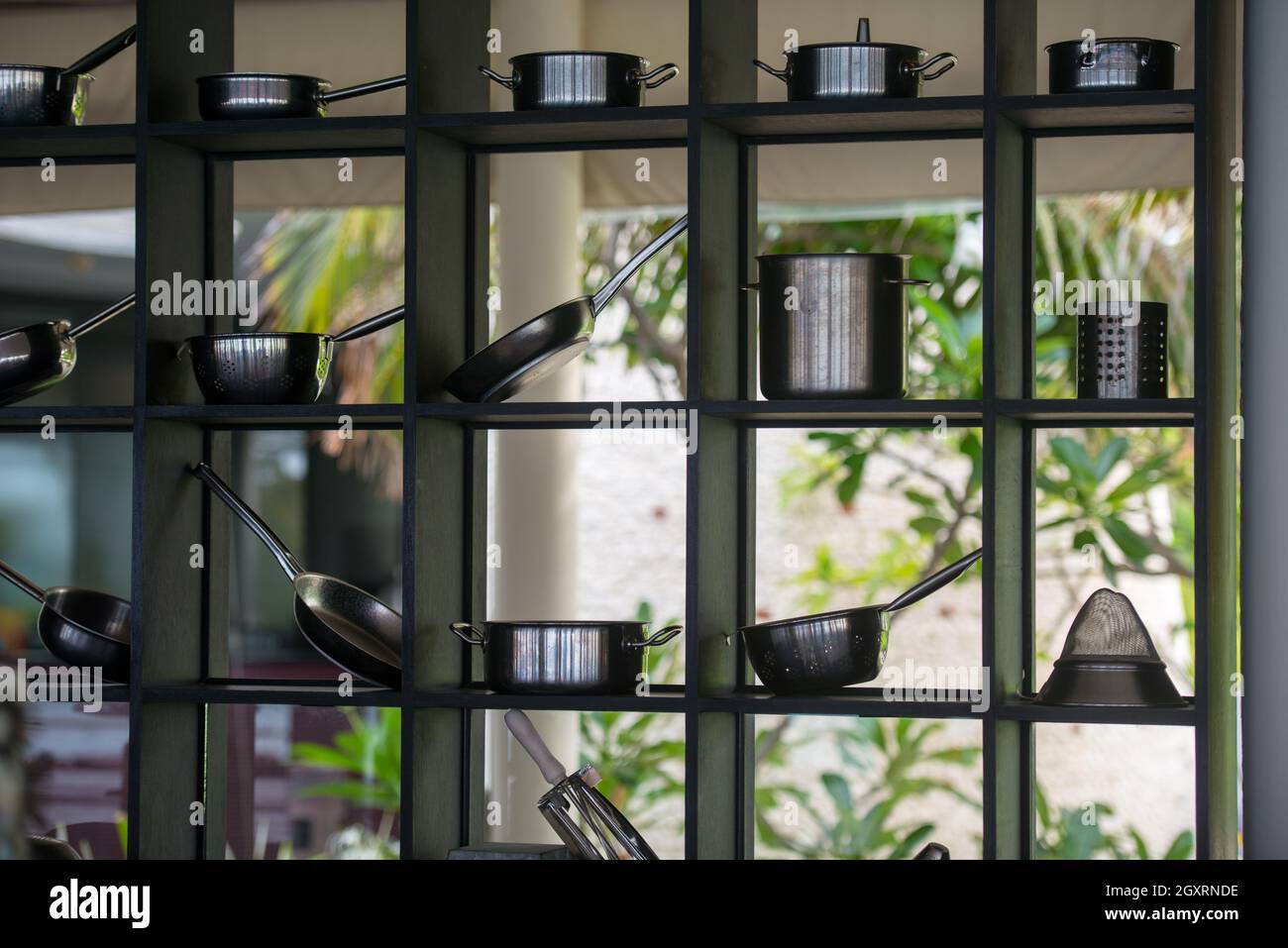 modern restaurant outdoor kitchen cookware decoration background Stock ...