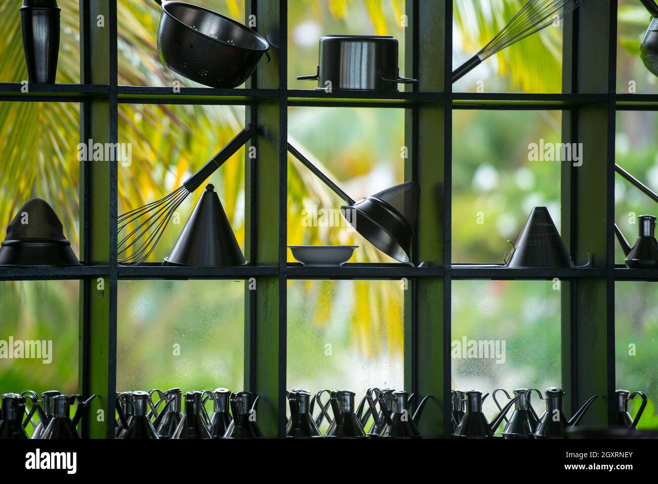 modern restaurant outdoor kitchen cookware decoration background Stock ...