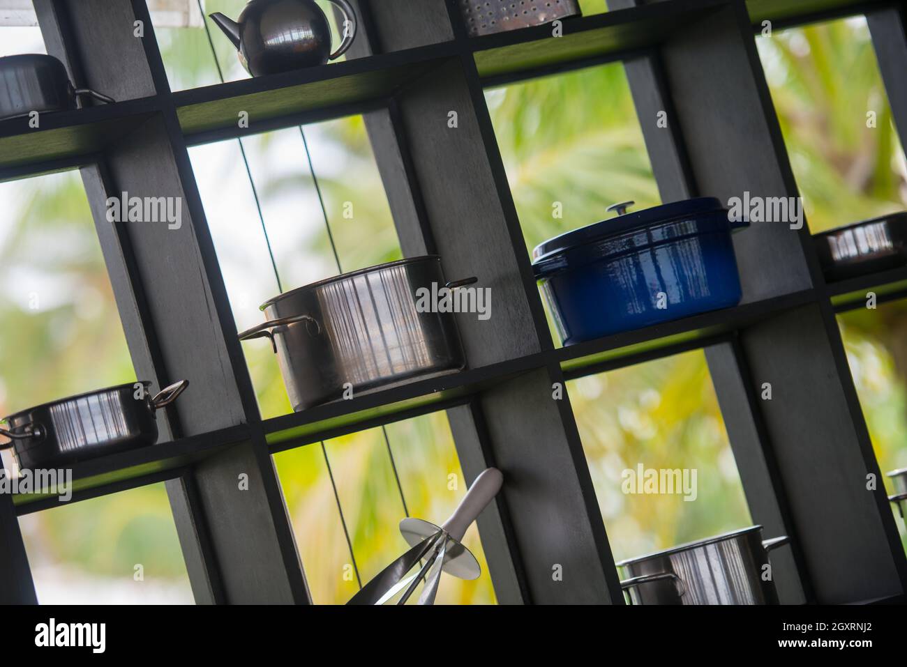 modern restaurant outdoor kitchen cookware decoration background Stock ...