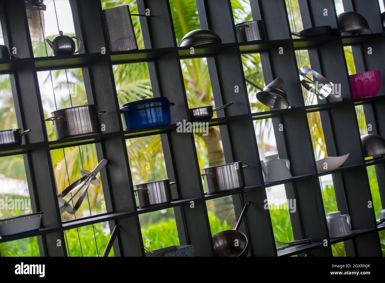 modern restaurant outdoor kitchen cookware decoration background Stock ...