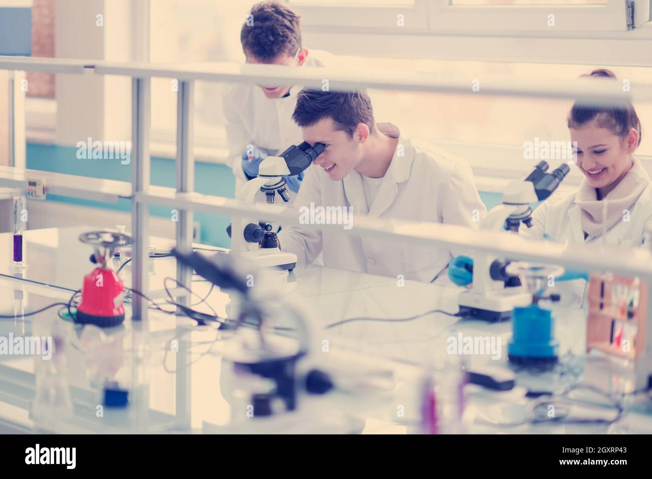 Group of young medical students doing research together in chemistry ...