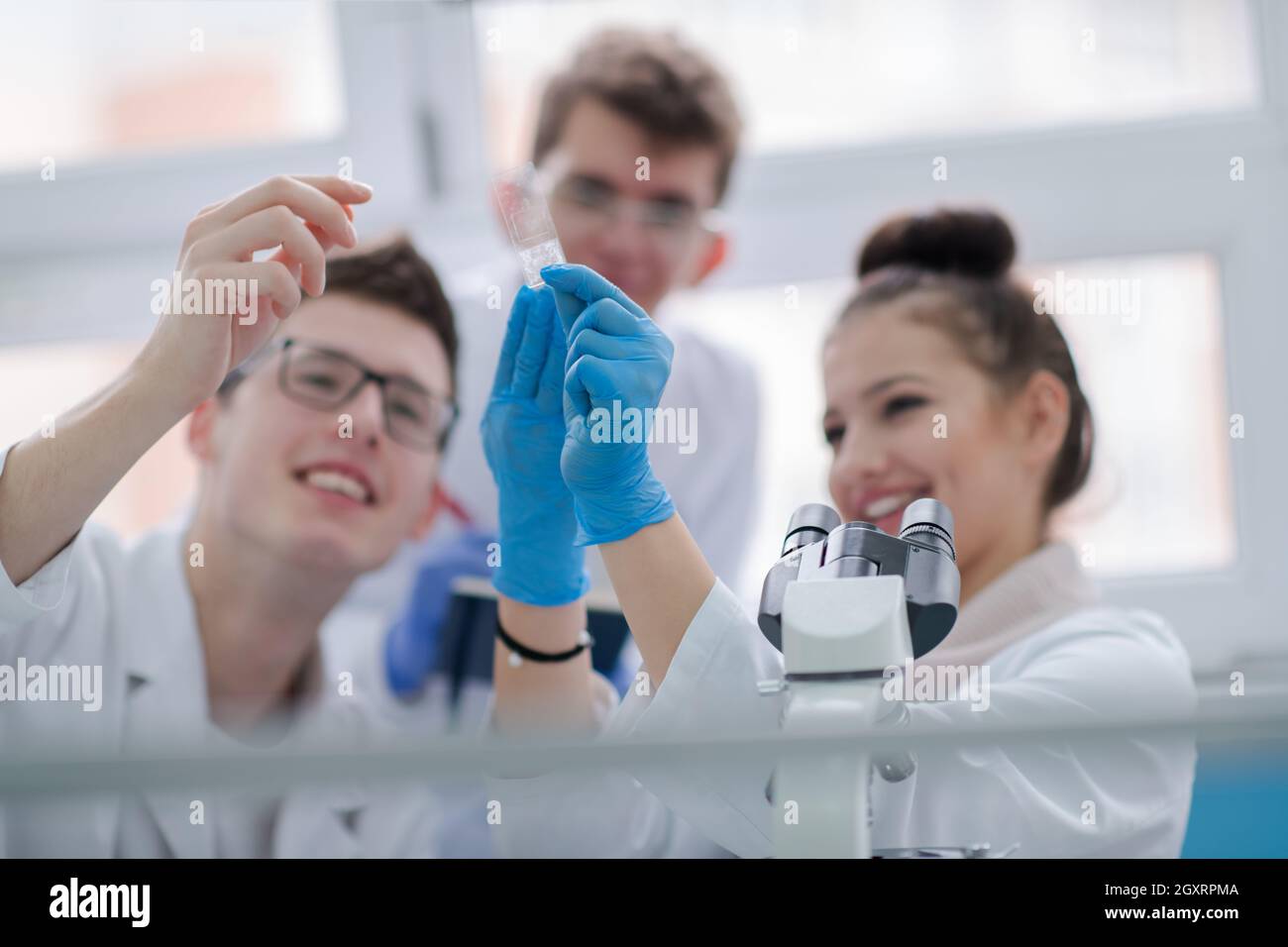Group of young medical students doing research together in chemistry ...