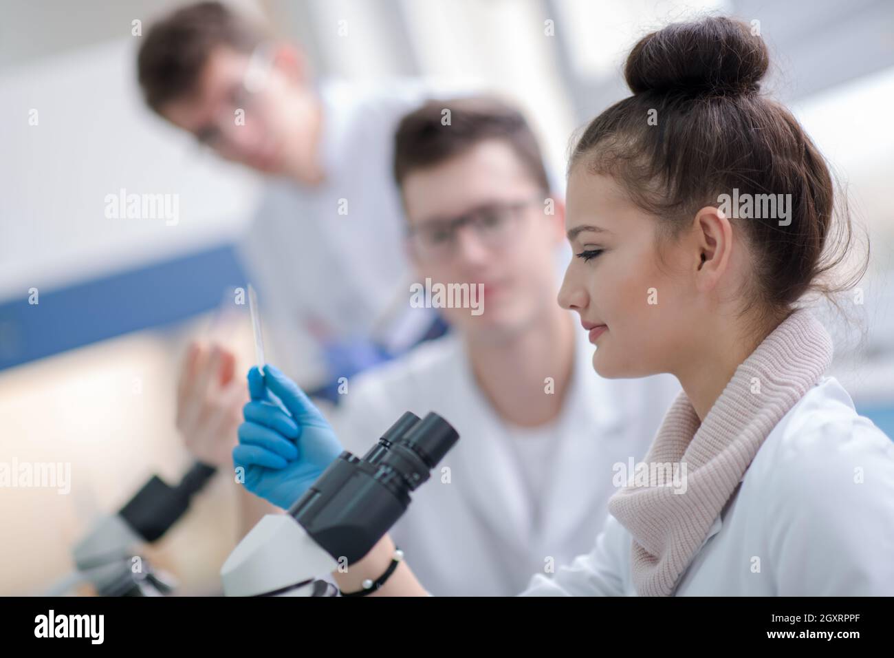 Group of young medical students doing research together in chemistry ...