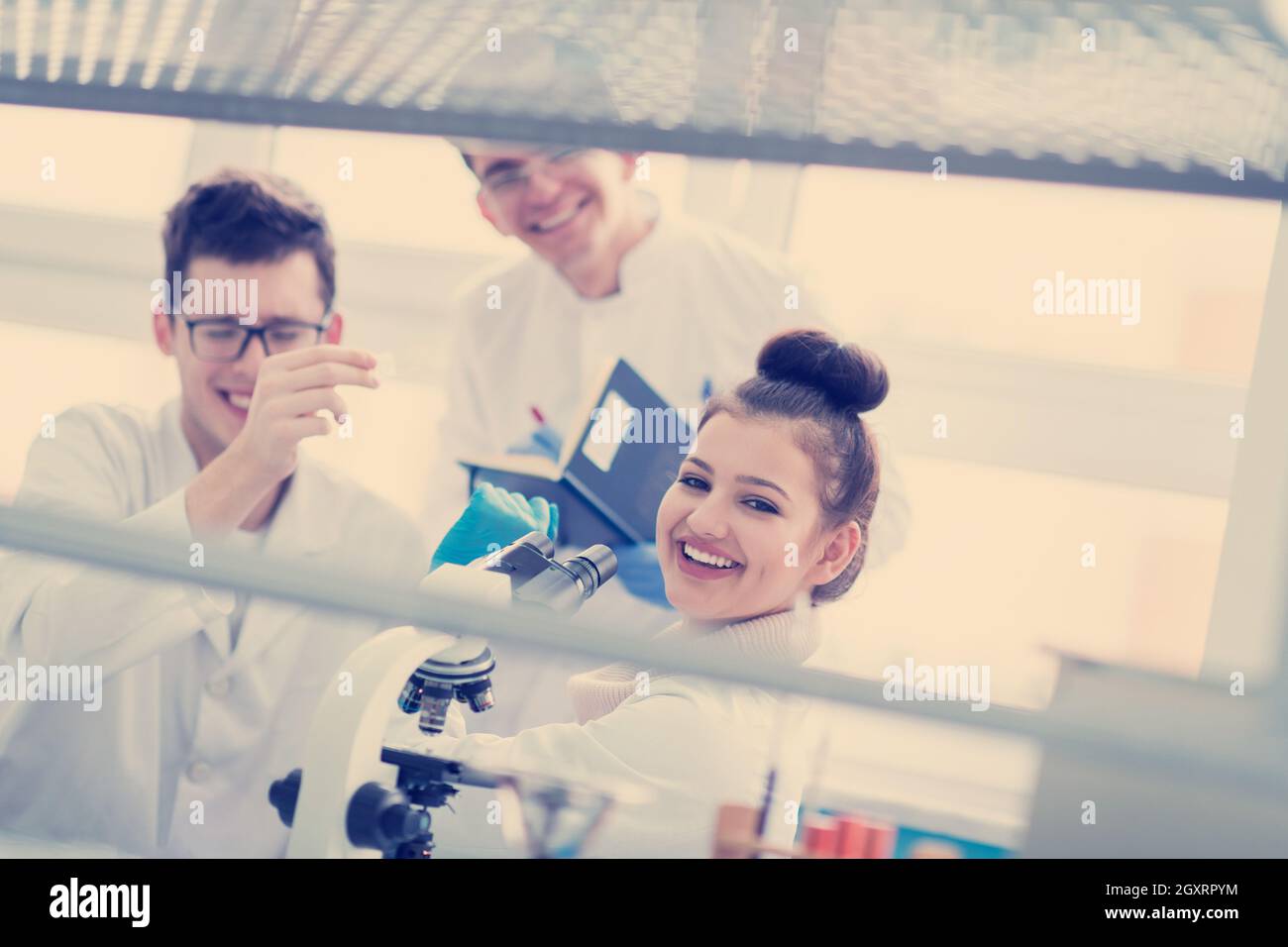 Group of young medical students doing research together in chemistry ...