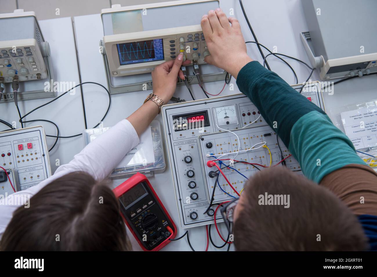 top view of a Group young students doing technical vocational practice ...