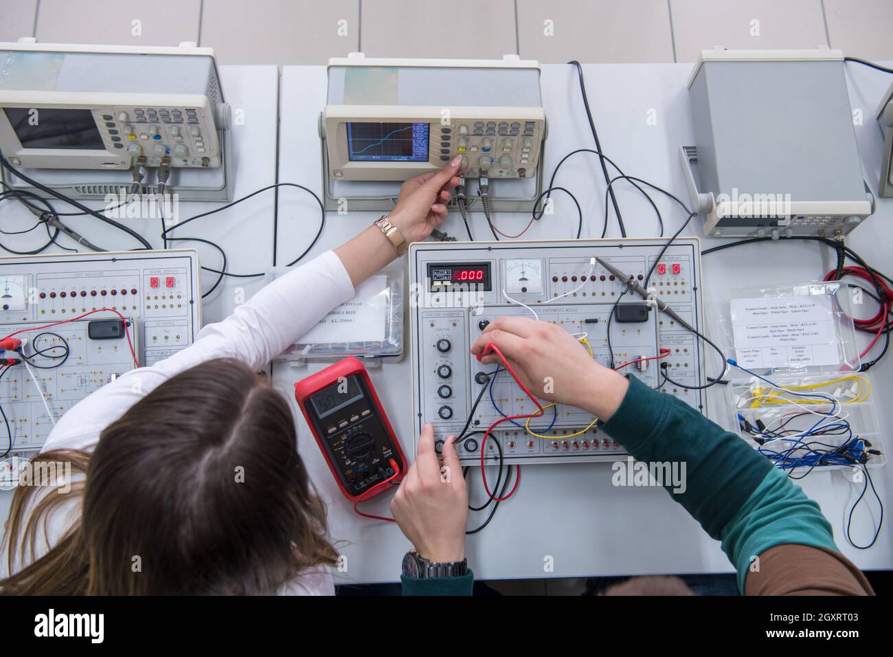 top view of a Group young students doing technical vocational practice ...