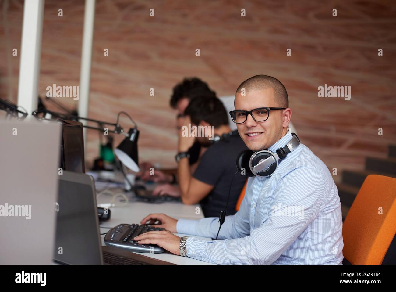 startup business, software developer working on computer at modern ...