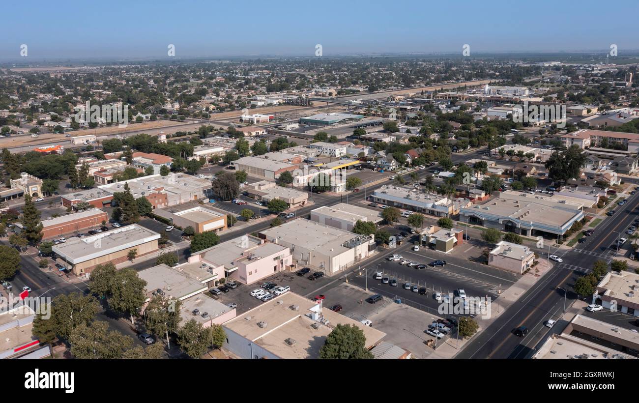 Morning aerial view of the downtown area of Tulare, California, USA ...