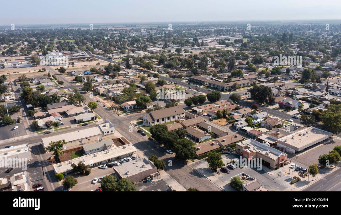 Morning aerial view of the downtown area of Tulare, California, USA ...