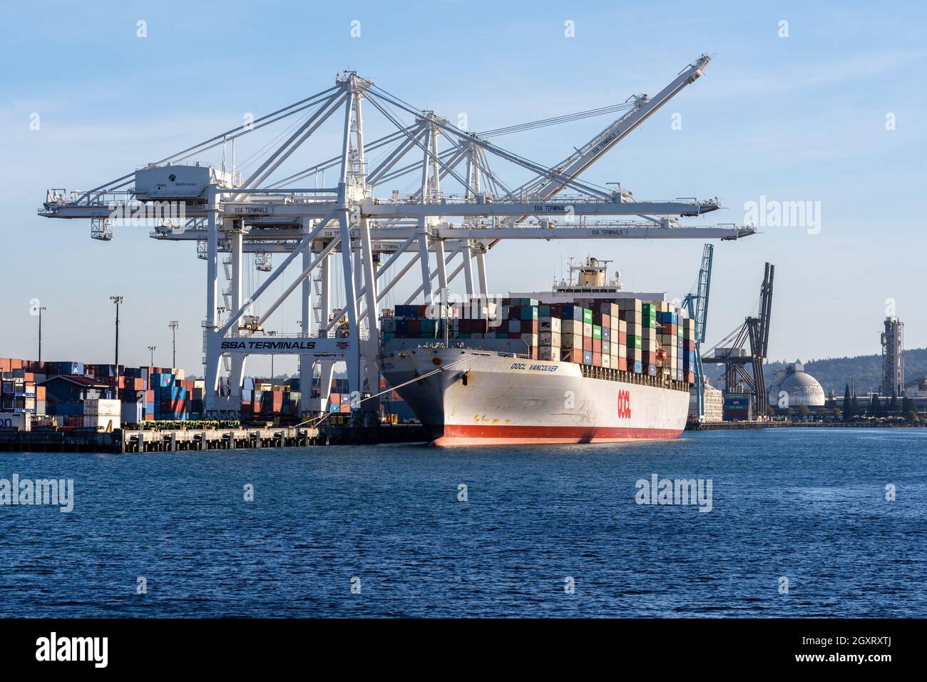 Seattle, WA - USA -Sept. 23, 2021: Horizontal view the vessel OOCL ...