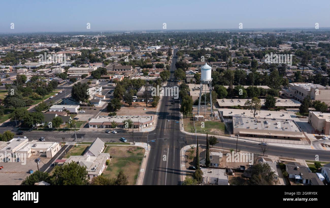 Morning aerial view of the downtown area of Tulare, California, USA ...