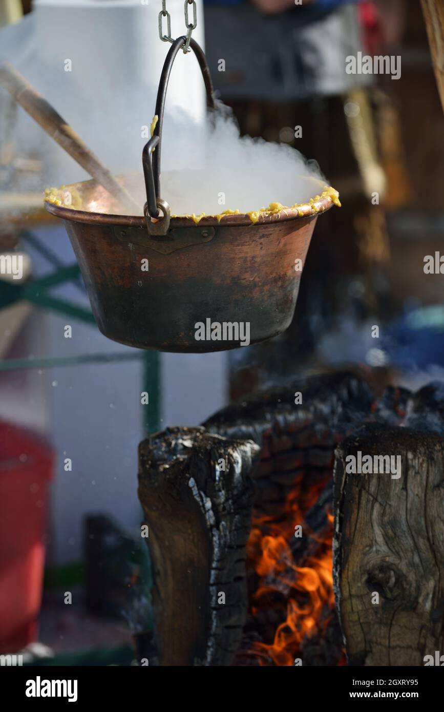 polenta food prepared on traditional recipe with fire and woods on ...