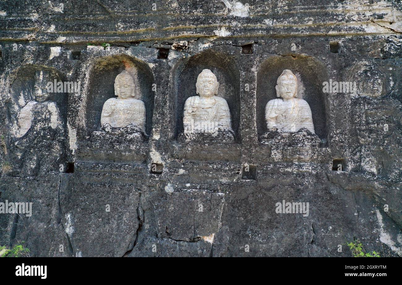 ZAOZHUANG, CHINA - SEPTEMBER 29, 2021 - A Tang Dynasty cliff statue at ...