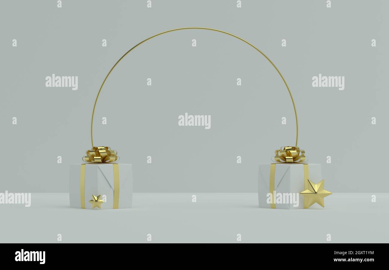 Christmas white product stage with gold accent and gift boxes. 3d ...