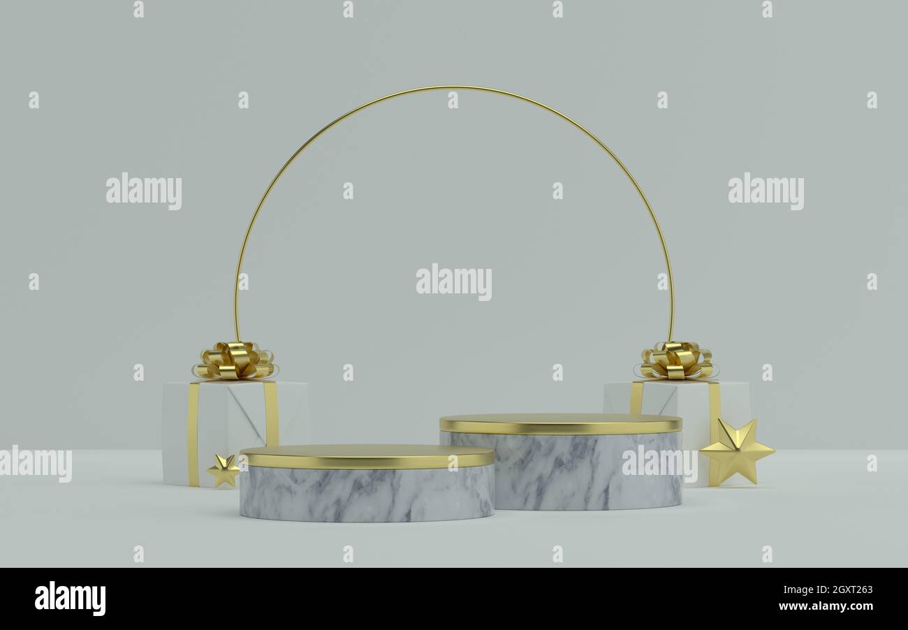 Christmas white product stage with gold accent and gift boxes. 3d ...