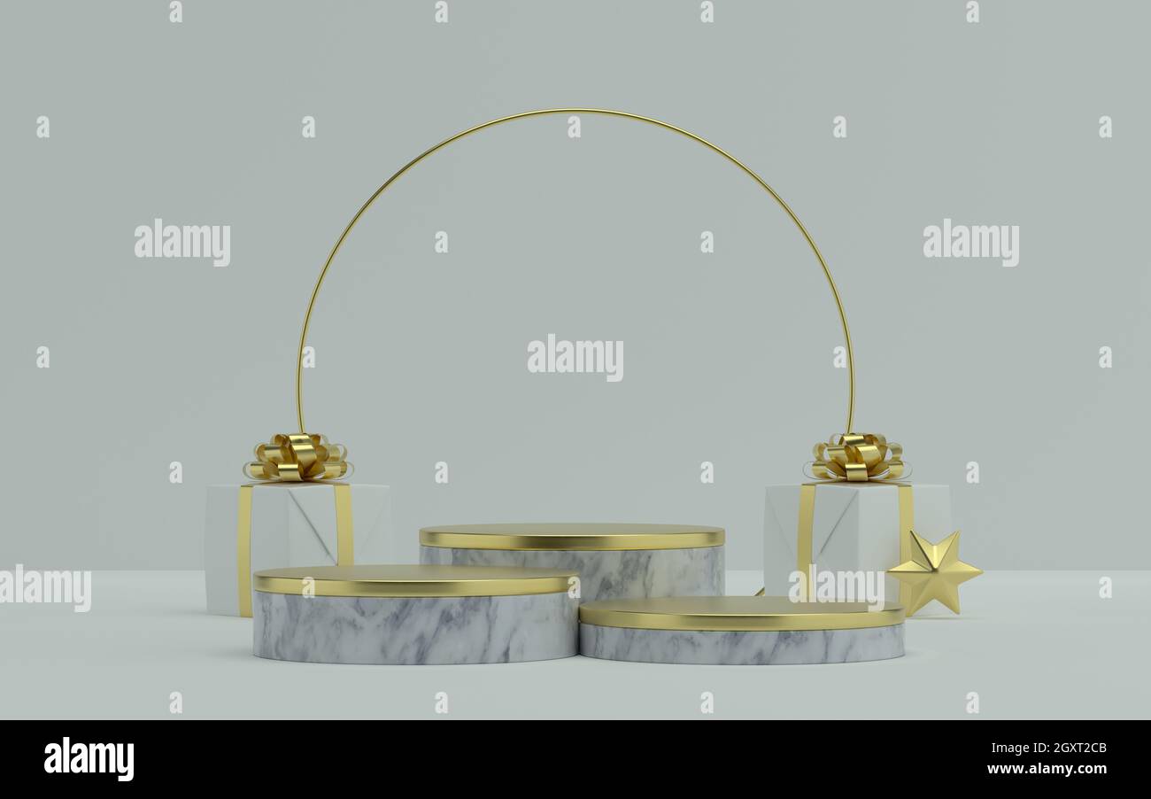 Christmas white product stage with gold accent and gift boxes. 3d ...