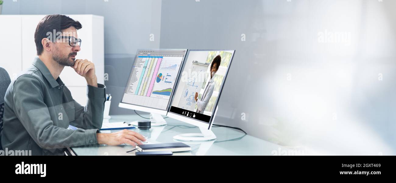 Virtual Online Learning Lecture Using Desktop Computer Stock Photo - Alamy