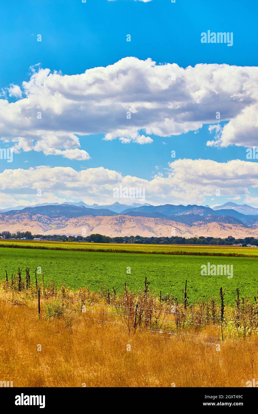 Farm field with large desert mountains in the distance and white clouds ...